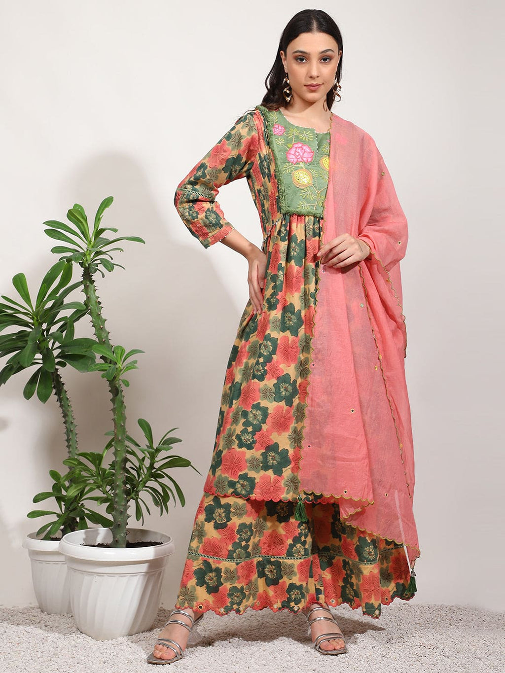 Charkha Tales | Embroidered Mirror Work Kurta Set - Green