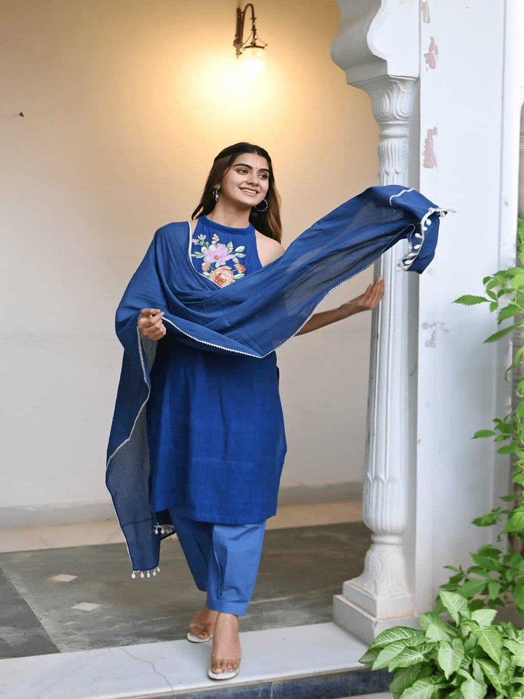 Bold Bloom Embroidered Kurta Set - Blue – Charkha Tales