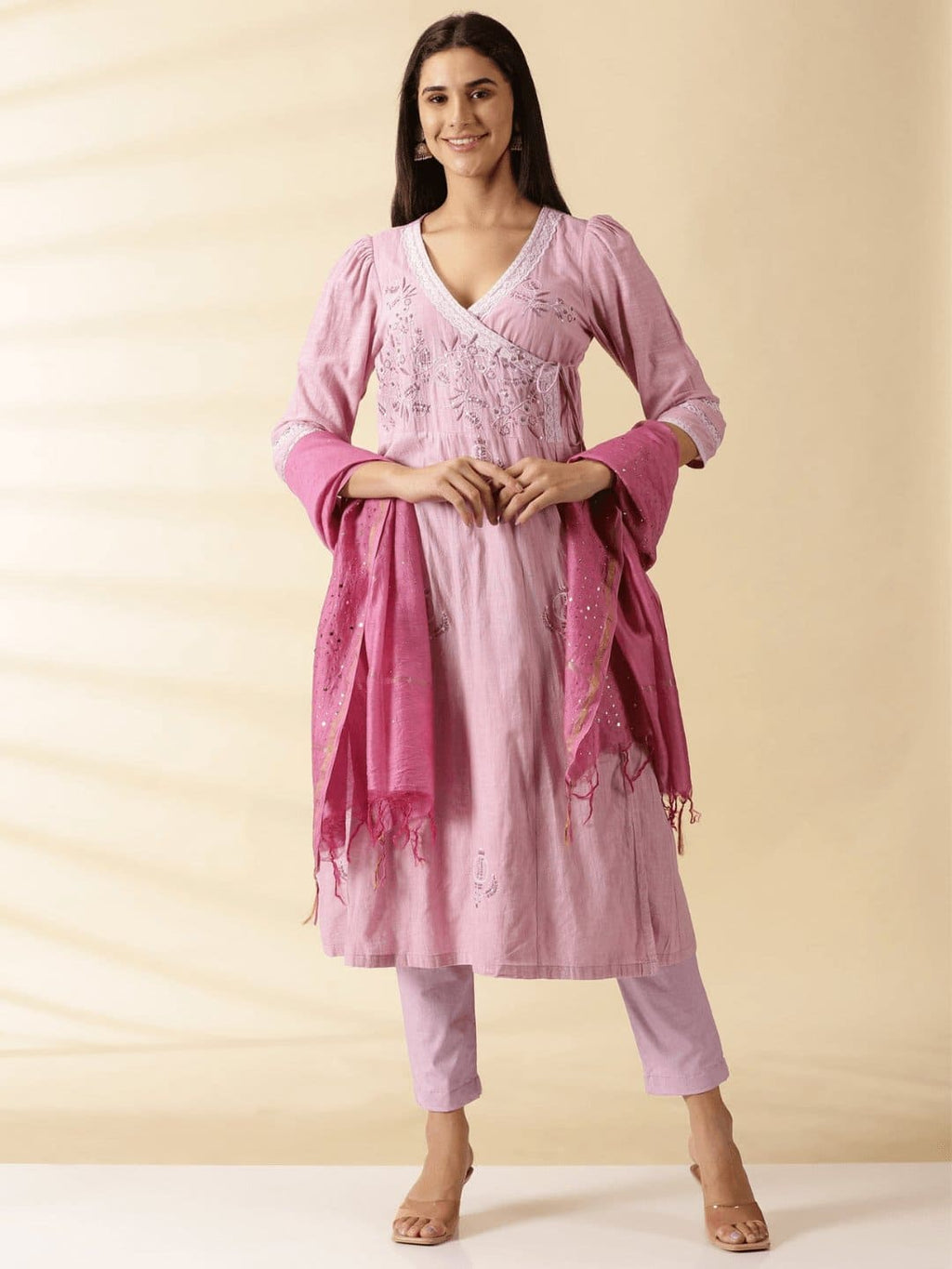Angarkha Cotton Kurta Set - Lilac - Angrakha Kurta Set with Dupatta ...