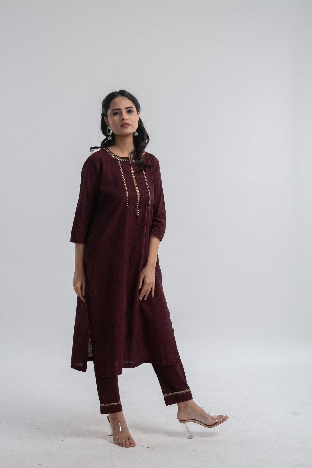 Women Floral Embroidered Kurta Set - Maroon – Charkha Tales